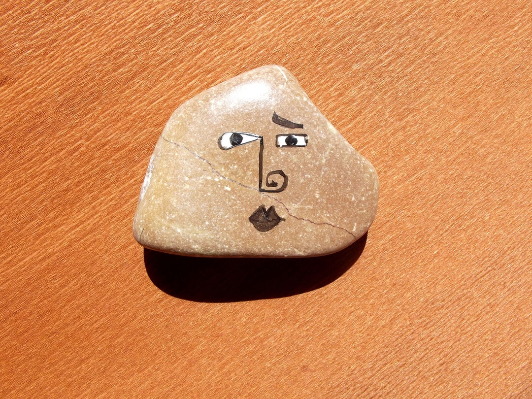 Painted River Stone, Paperweight, Minimal Art Face - Etsy