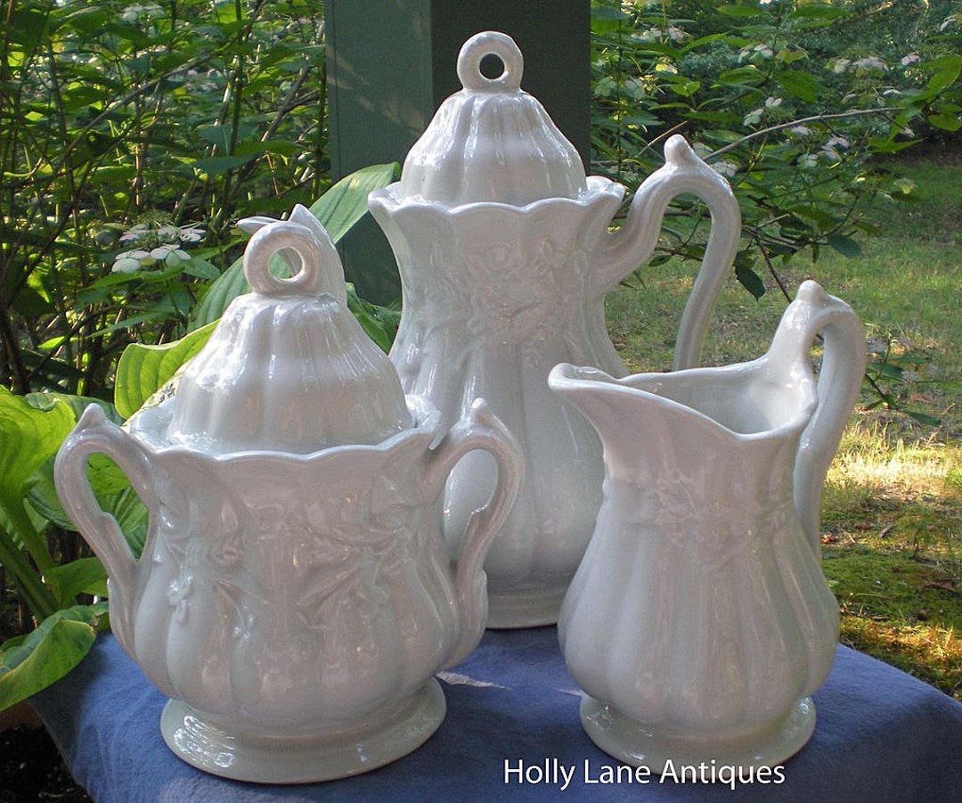 REDUCED, 3 Piece White Ironstone Tea Set, Wheat and Clover Pattern, Red ...