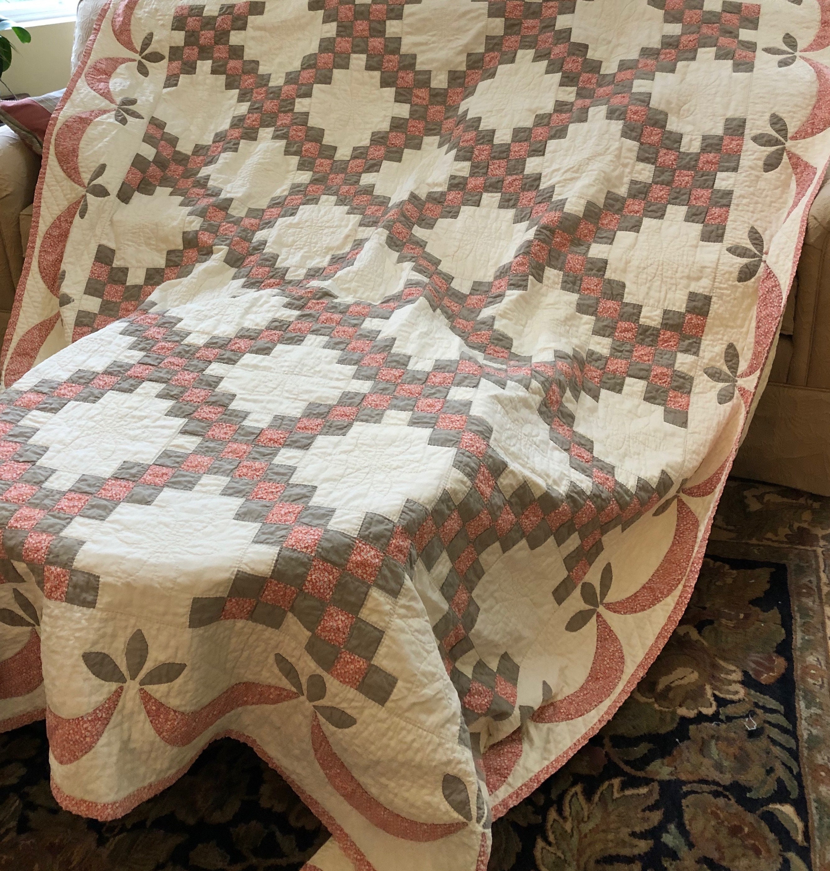 Vintage Hand Made Quilt, Brown Squares With Rust Print, Hand Quilted ...