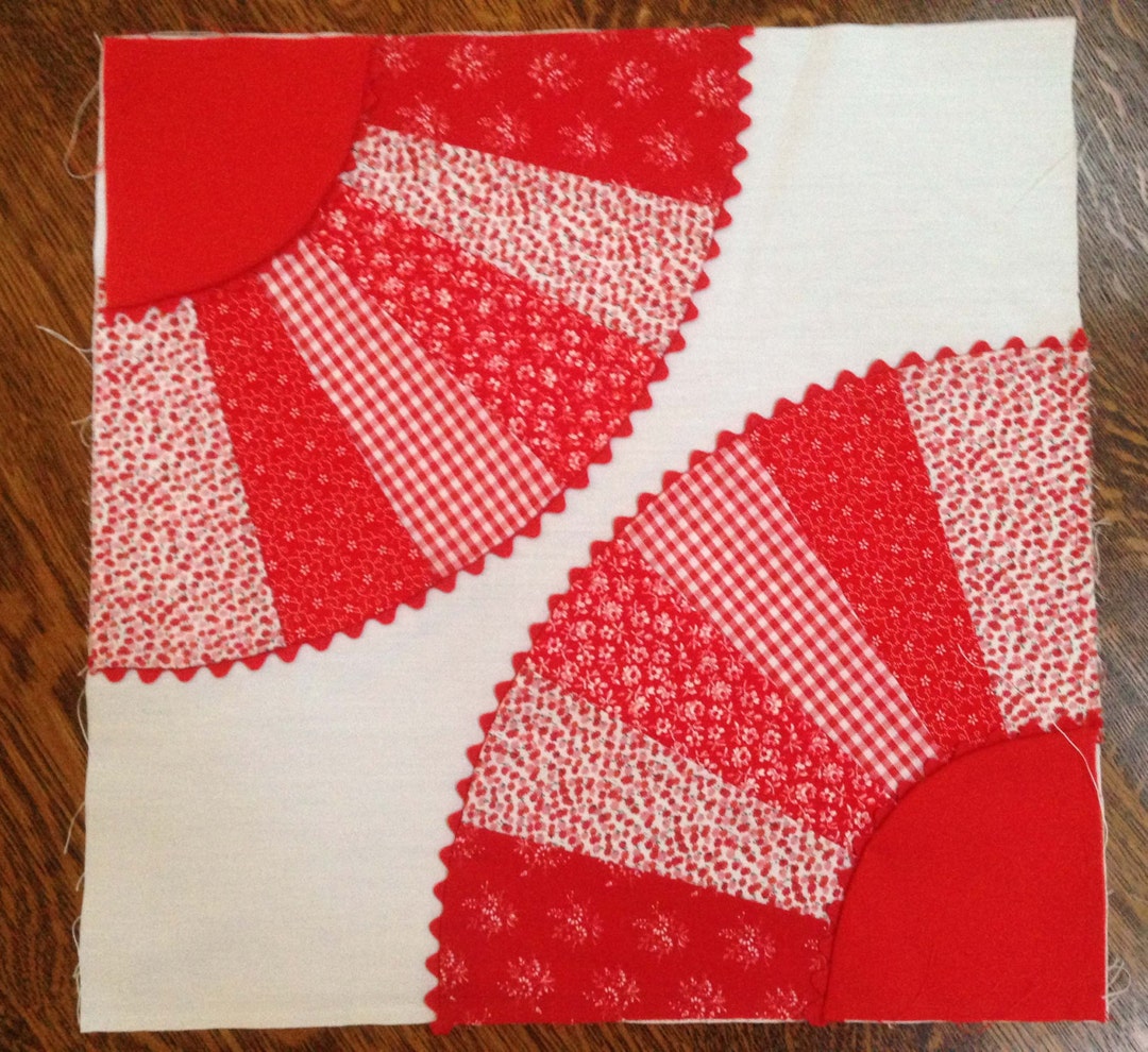 Vintage Pieced 16 Inch Quilt Block, Red and White Fabrics, One of ...