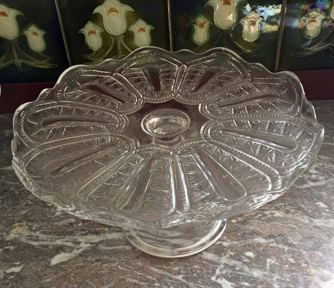 Antique Glass Pedestal Cake Stand EAPG Bryce Walker Jasper - Etsy