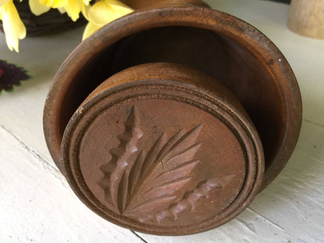 Antique Large Wood Primitive Butter Mold, Butter Stamp, Carved Leaf ...