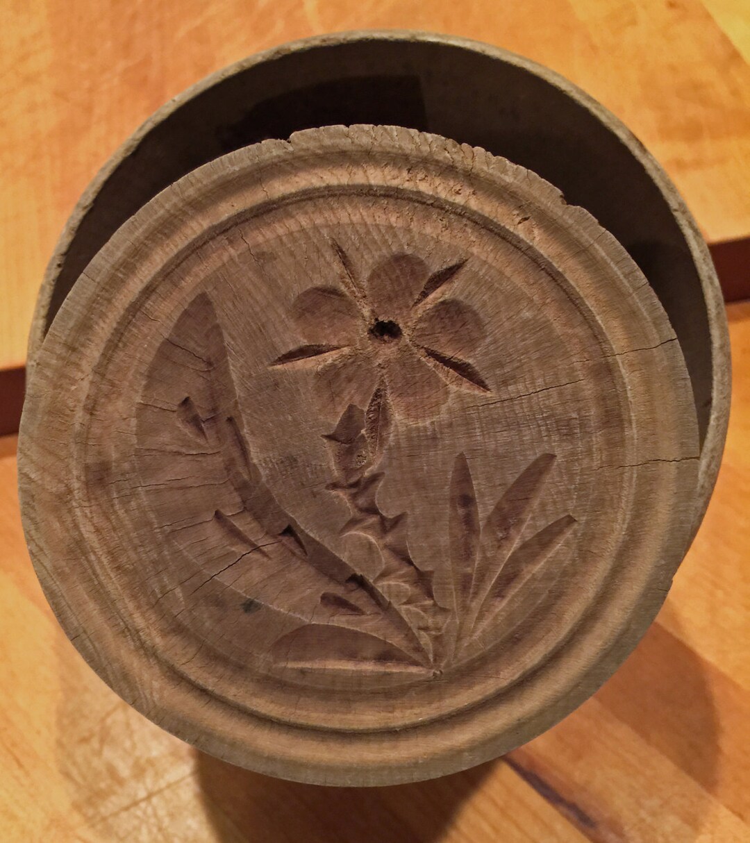 Antique Large Wood Primitive Butter Mold, Flower and Leaves, Butter ...