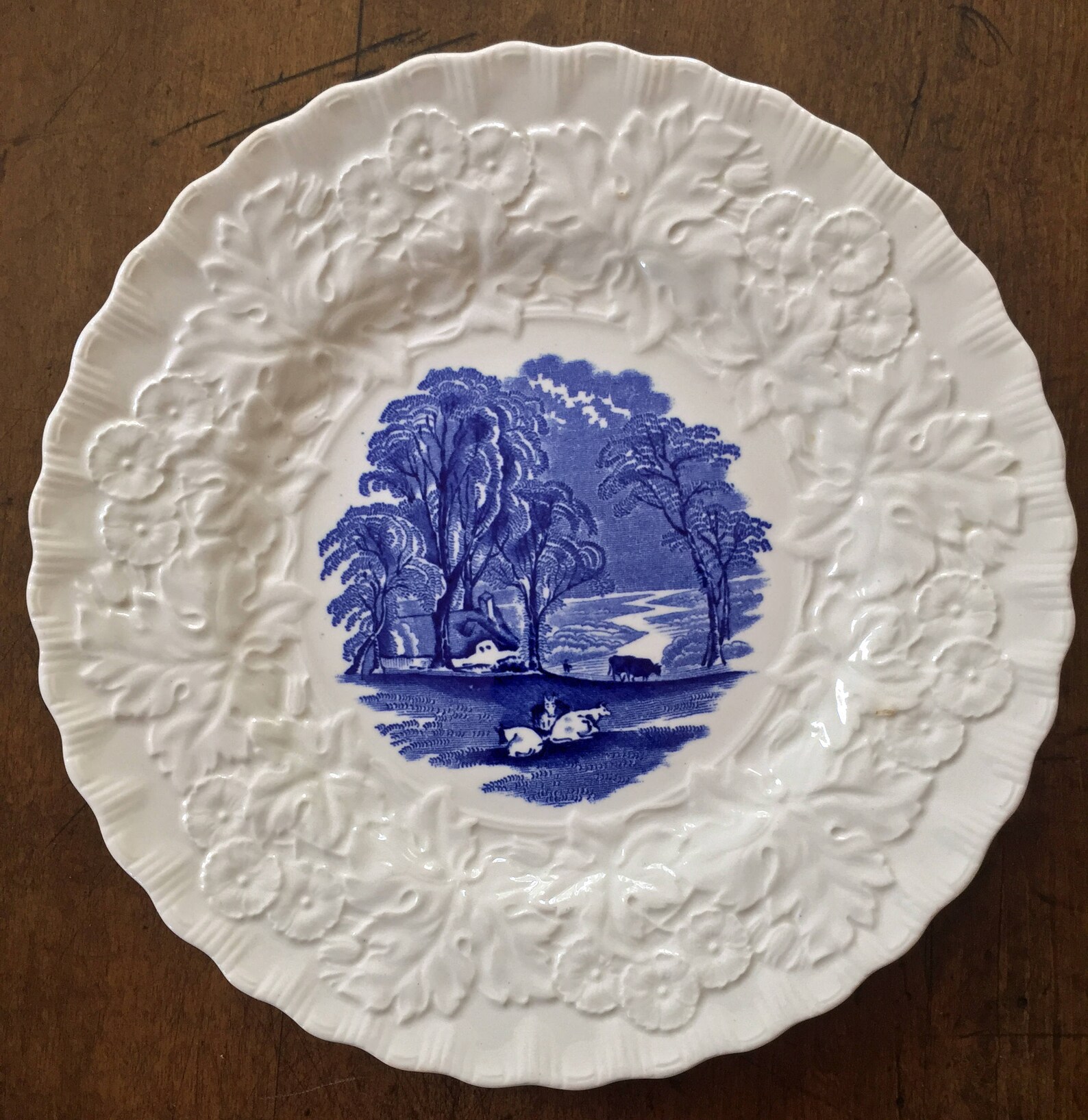 Vintage Alfred Meakin Plate, Blue Scene, Wide Embossed Rim, England ...