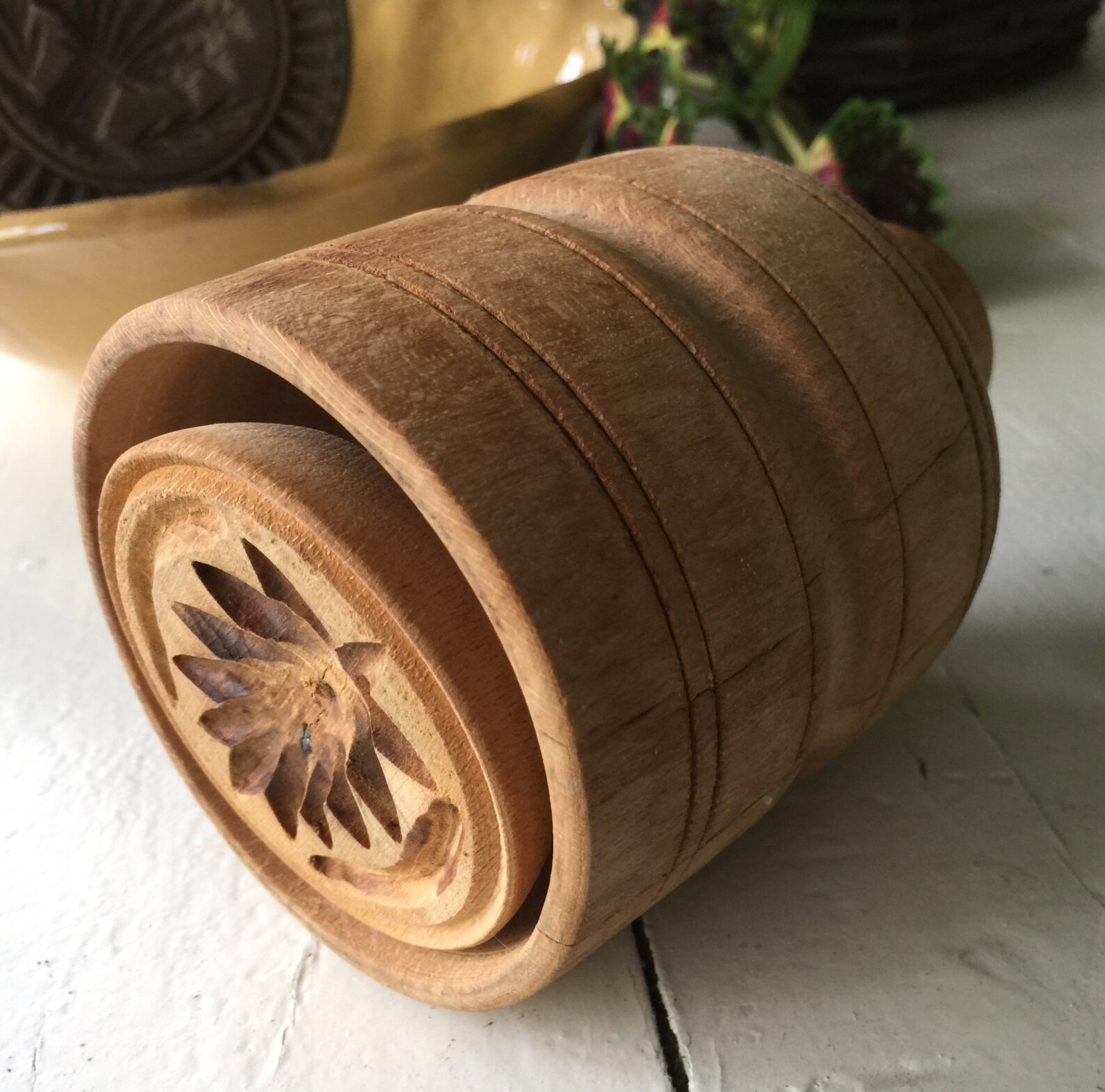 Antique Large Wood Primitive Butter Mold, Butter Stamp, Carved Leaf ...