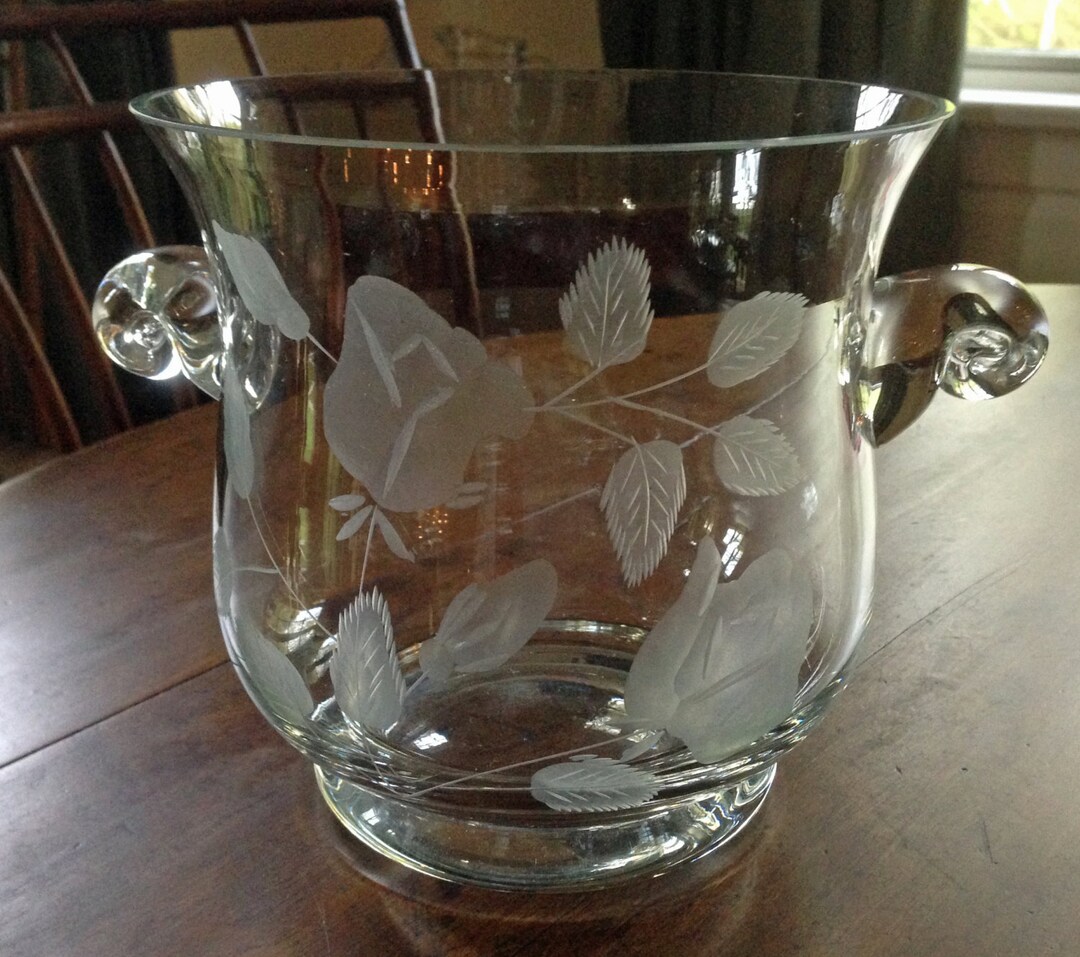 Vintage Etched Glass Ice Bucket, Vase, Roses, Wedding Gift, Vintage ...