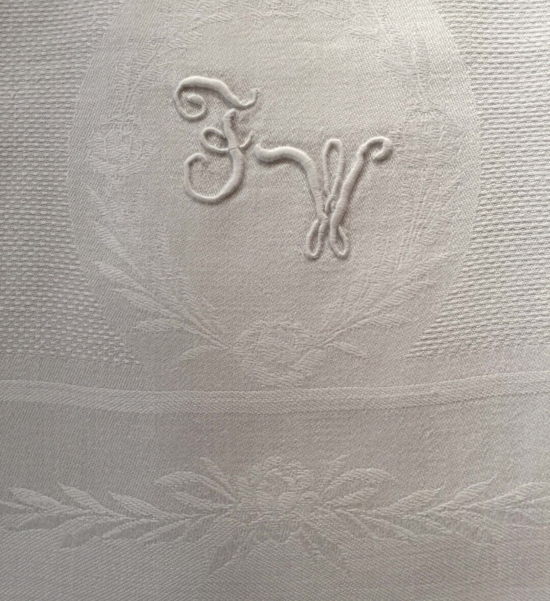 Vintage Linens White Embossed Damask Hemstitched Towel, Monogram F W ...