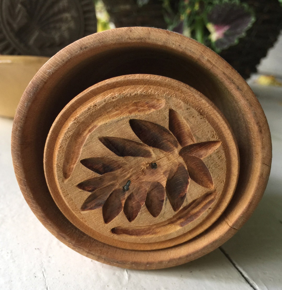 Antique Large Wood Primitive Butter Mold, Butter Stamp, Carved Leaf ...