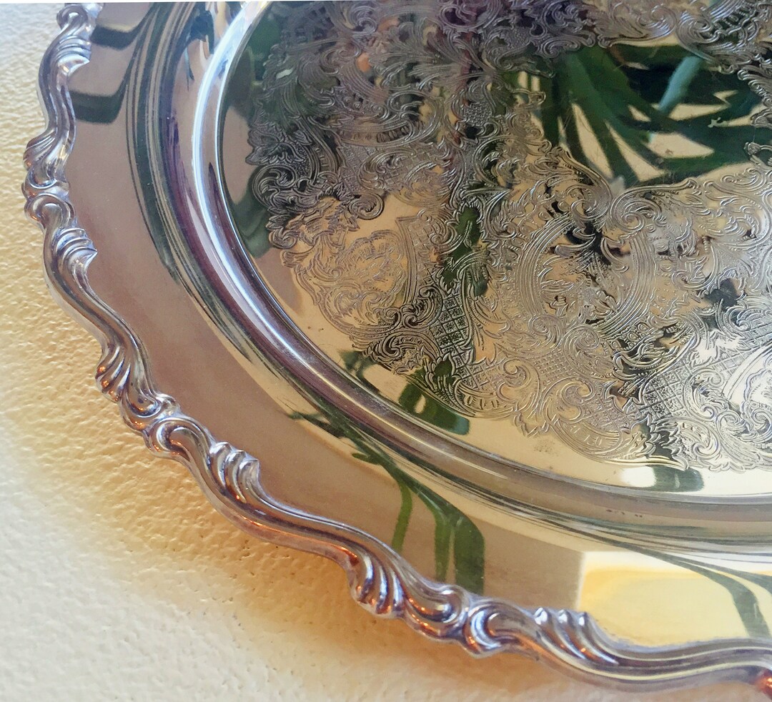 Vintage Large Silver Plated Round Tray, Etched Design, Vintage Gift ...