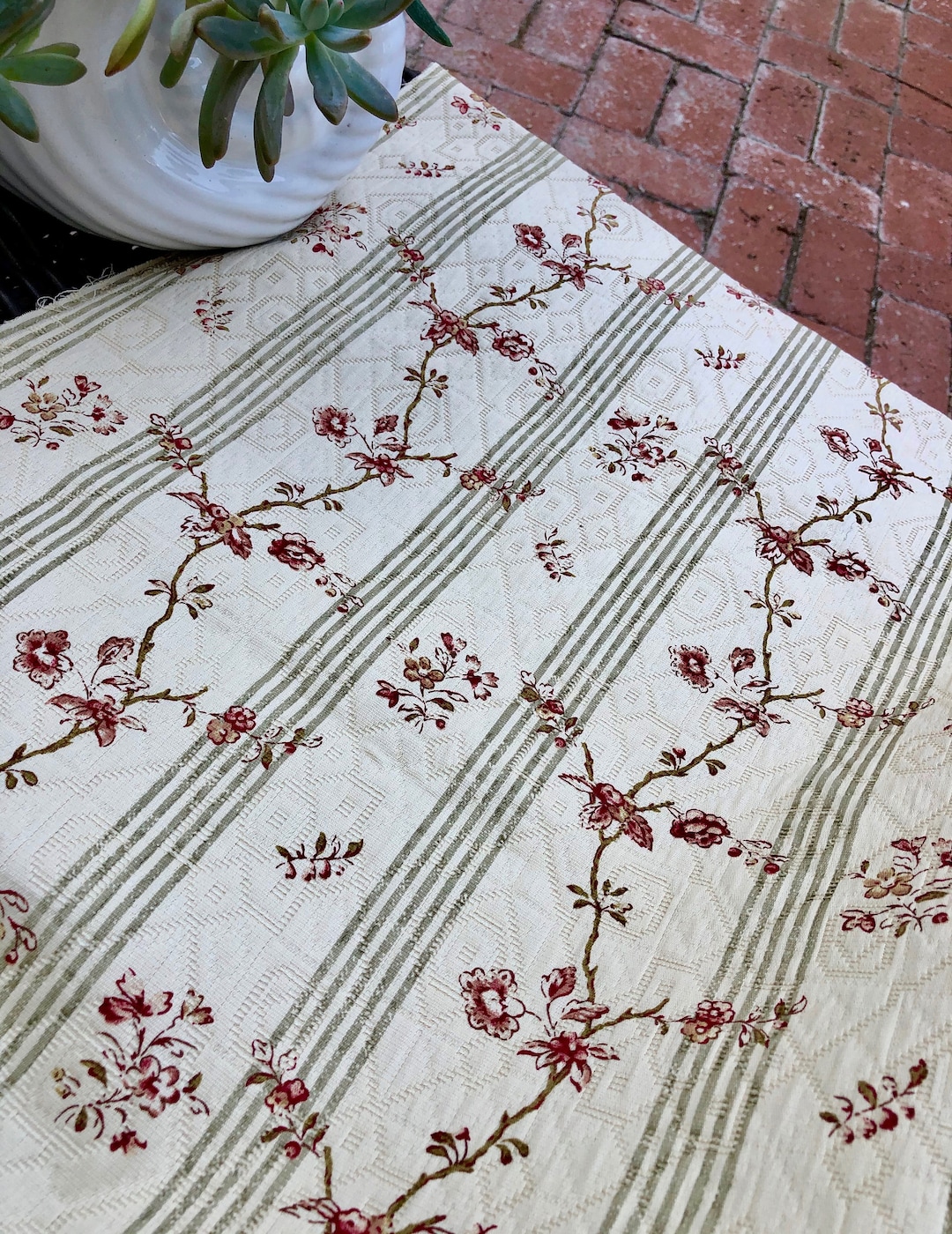 Vintage Fabric, Beige, Rust, Green Floral Print, Cotton Fabric, Sewing ...