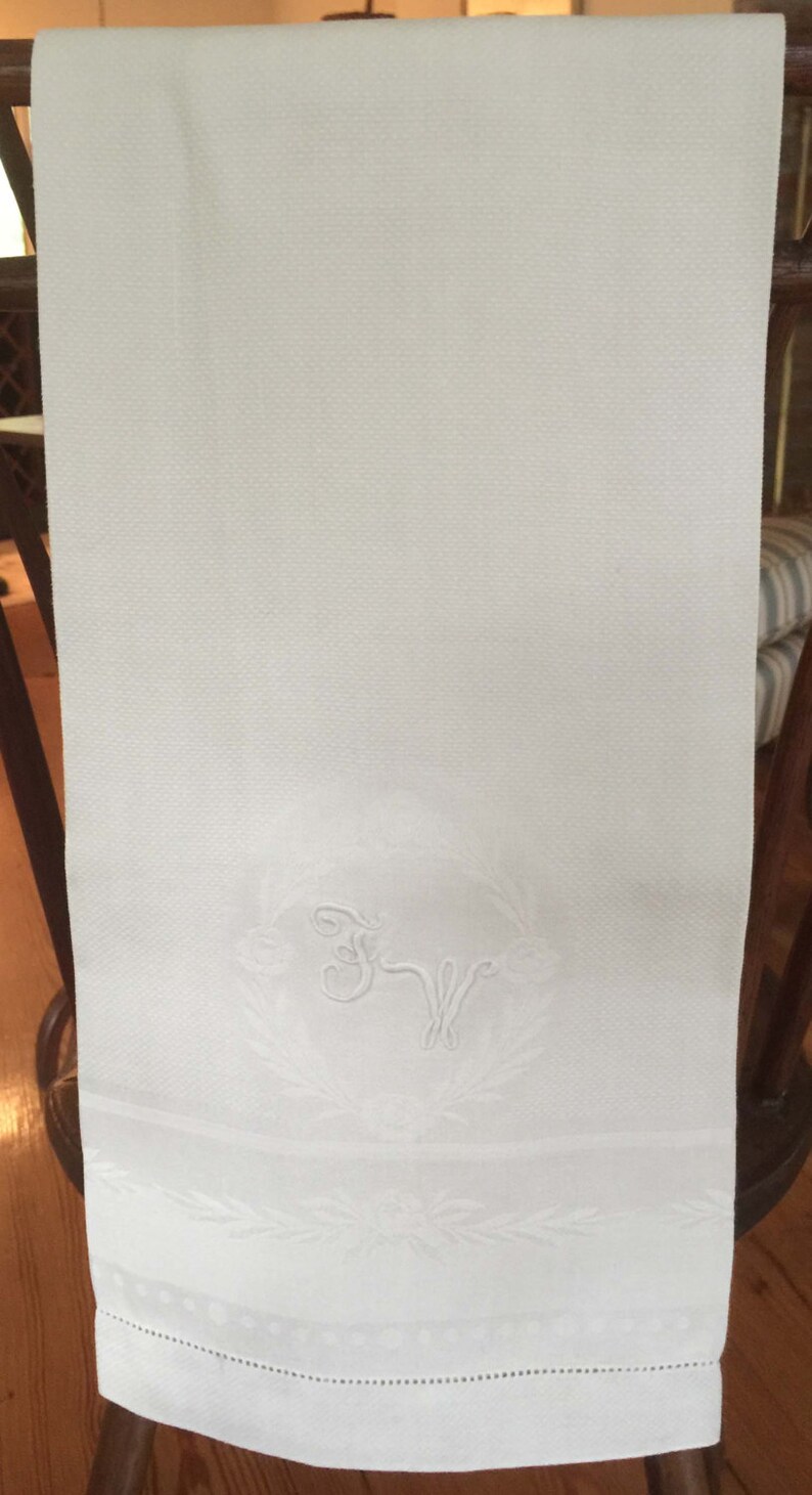 Vintage Linens White Embossed Damask Hemstitched Towel | Etsy
