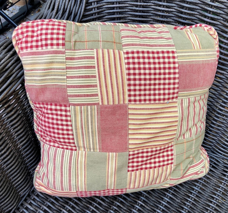 Vintage Patchwork Pillow, Green, Yellow, Rust, Cottage Style, Farmhouse, Vintage Gift, Interior ...