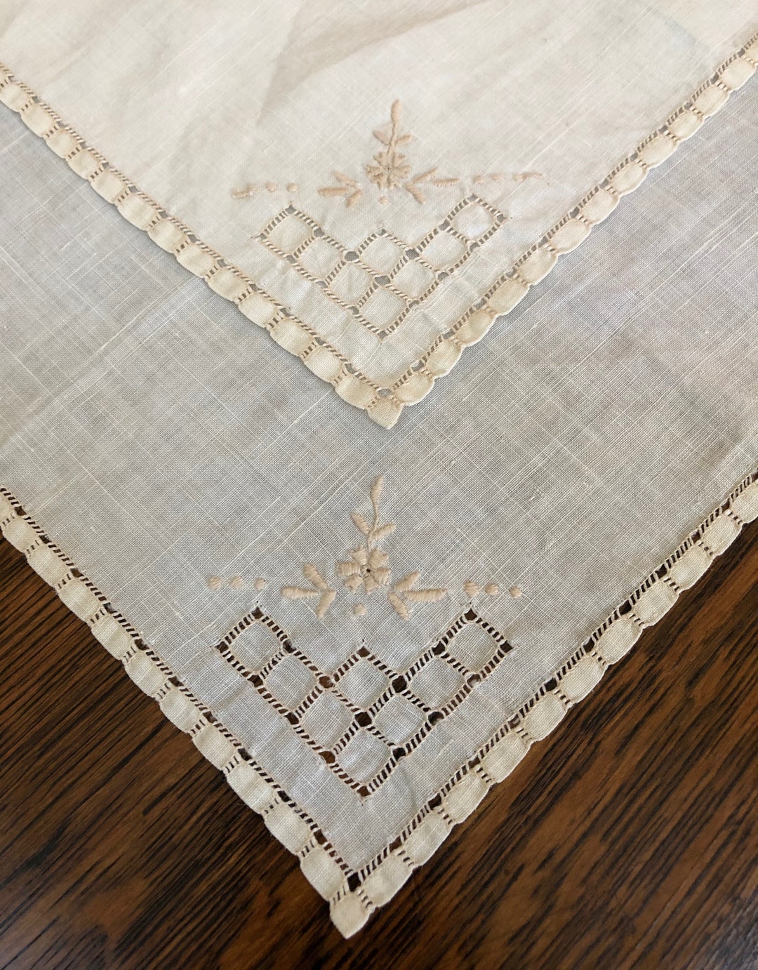 Vintage Linens, Pair of Tea Napkins, Embroidered Flower, Openwork ...