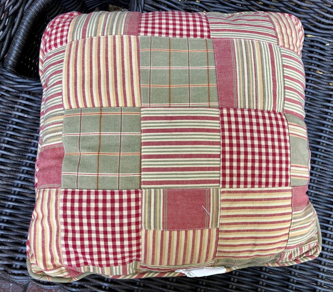 Vintage Patchwork Pillow Green Yellow Rust Cottage Style - Etsy