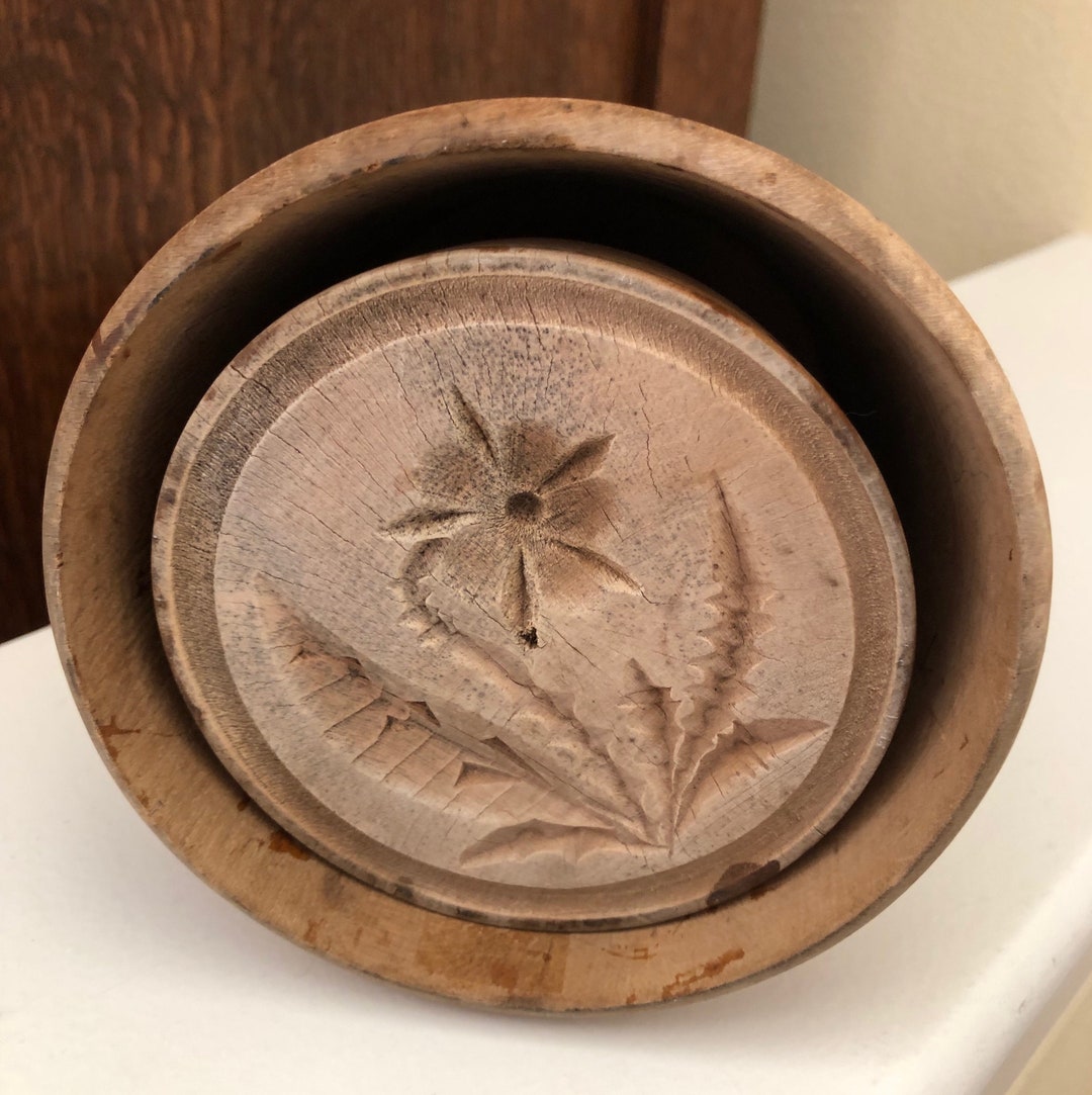 Antique Large Wood Primitive Butter Mold, Flower and Leaves, Butter ...