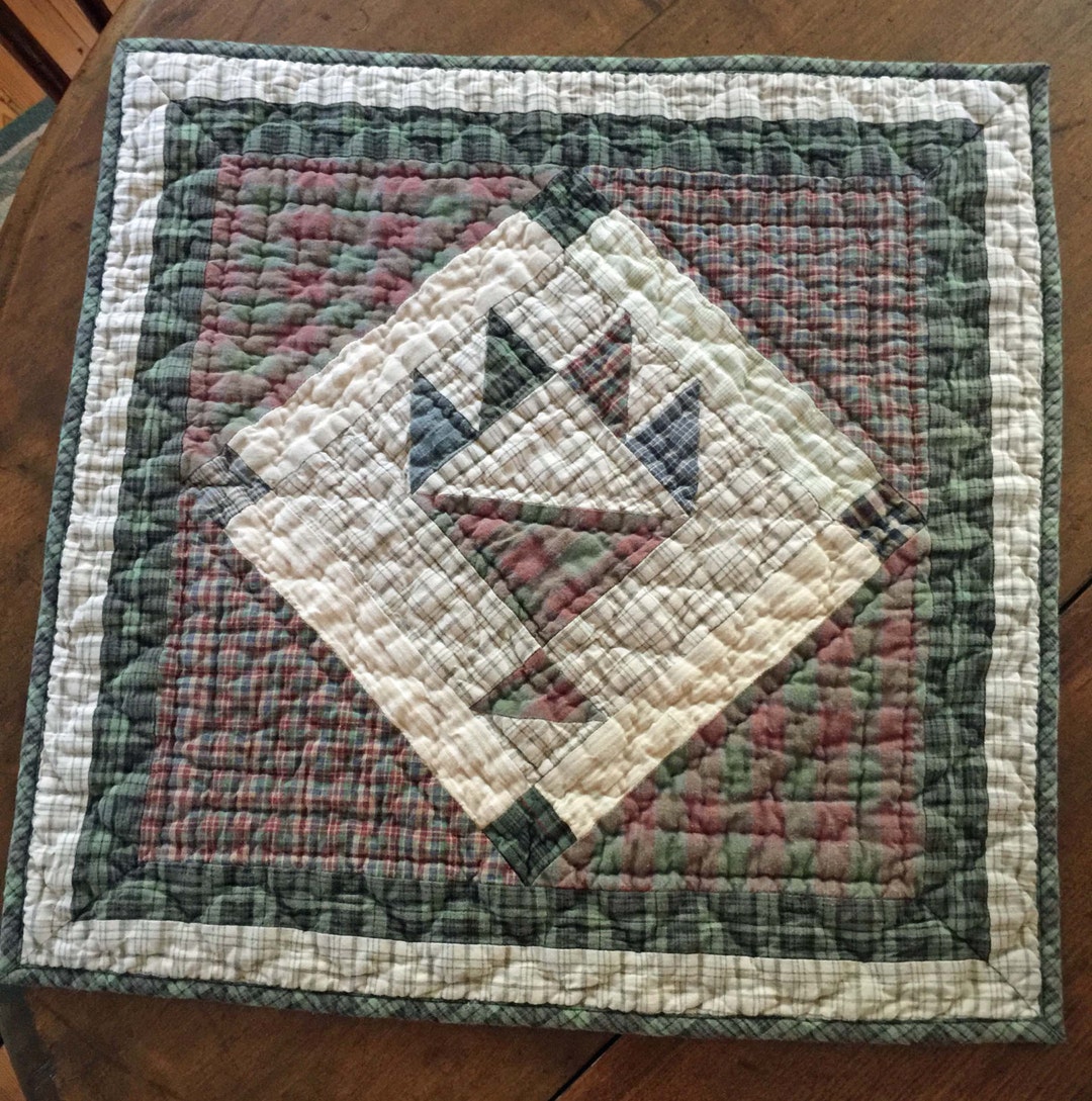 Vintage Pieced Quilt Block, Triangle Basket, Muted Plaids, Vintage ...