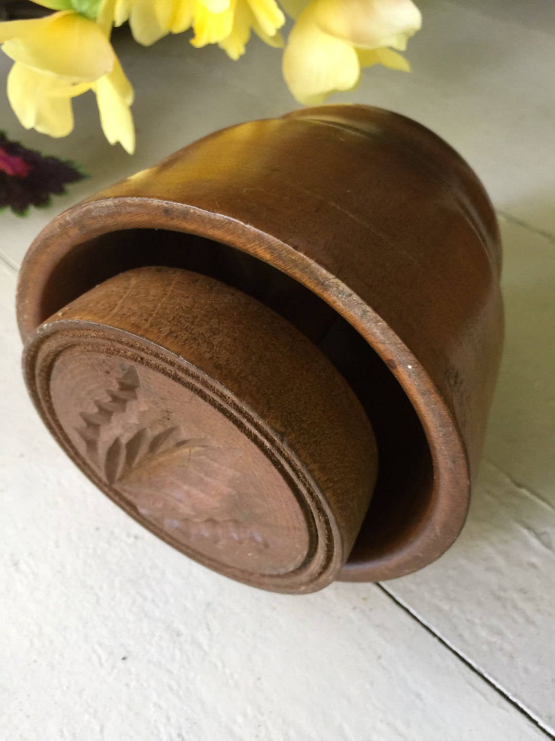 Antique Large Wood Primitive Butter Mold, Butter Stamp, Carved Leaf ...