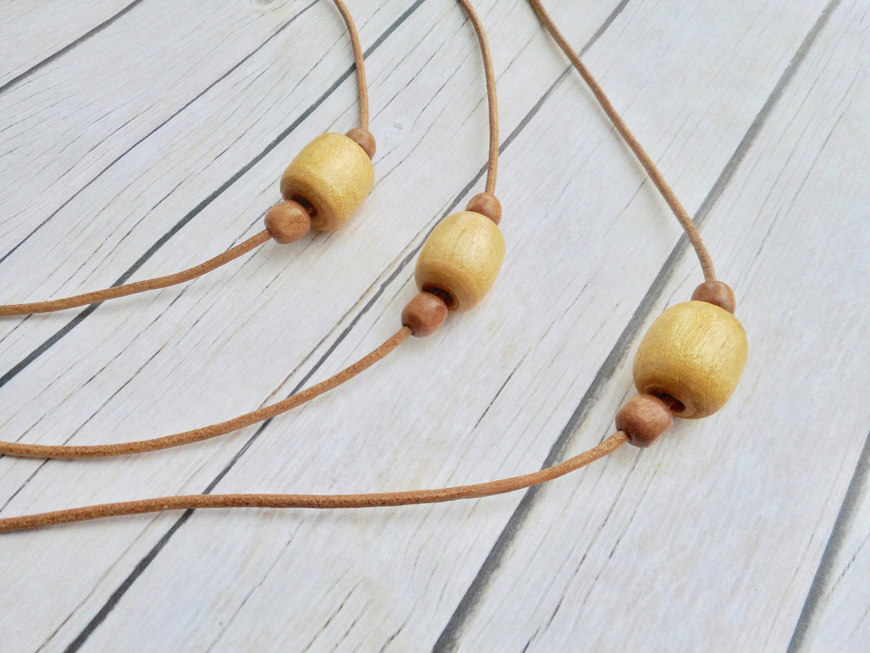 Skin Color Leather Necklace Natural Brown Wooden Beads - Etsy