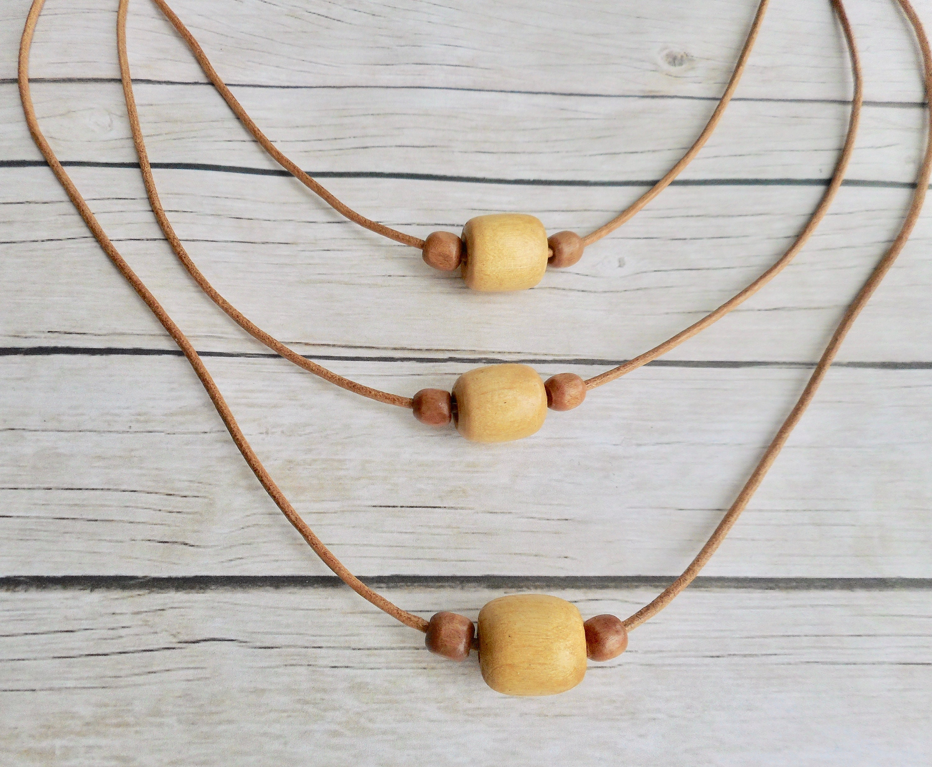 Skin Color Leather Necklace Natural Brown Wooden Beads - Etsy