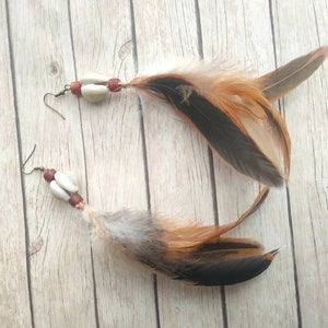 Real Bird Feathers Plume Earrings Kauri Shell Native Inspired Brown ...