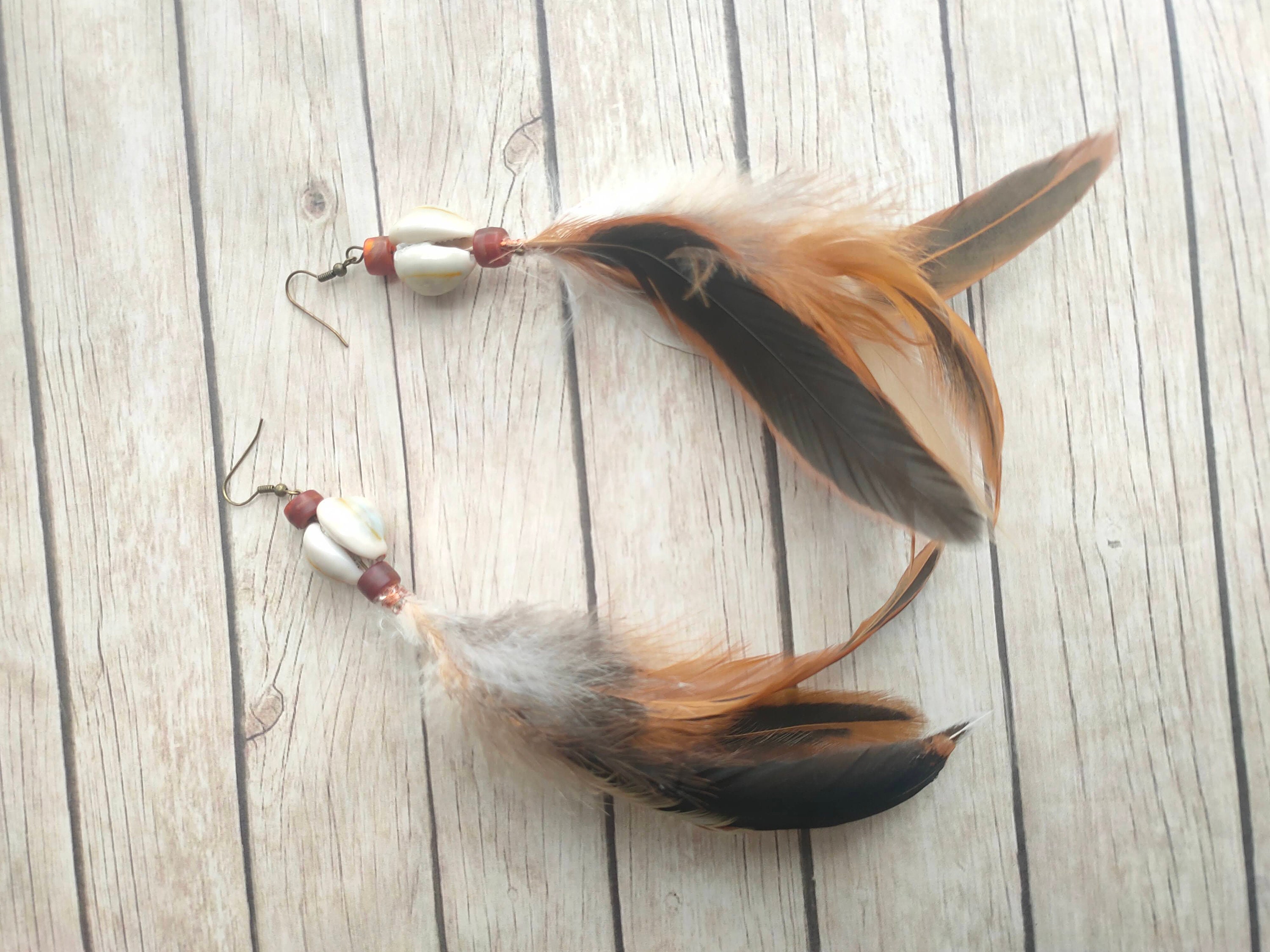Real Bird Feathers Plume Earrings Kauri Shell Native Inspired Brown ...