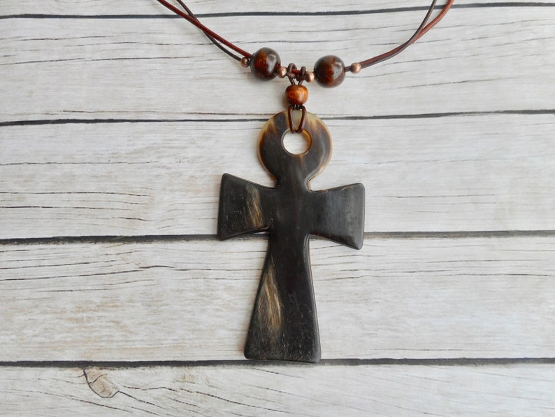 Buffalo Horn Ankh Pendant Brown Leather Necklace Handmade Ladies Mens ...
