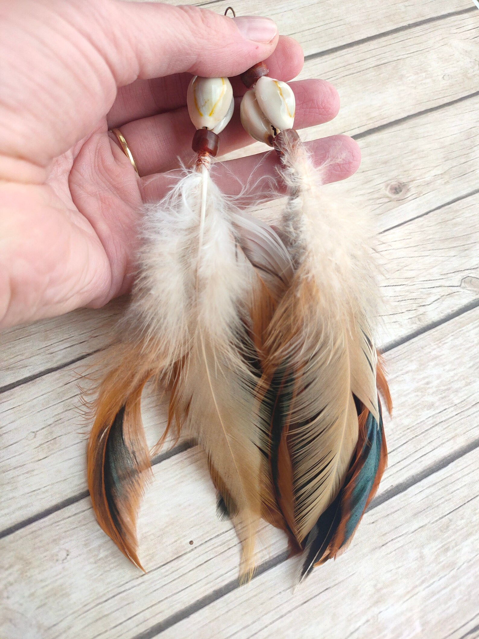 Real Bird Feathers Plume Earrings Kauri Shell Native Inspired - Etsy