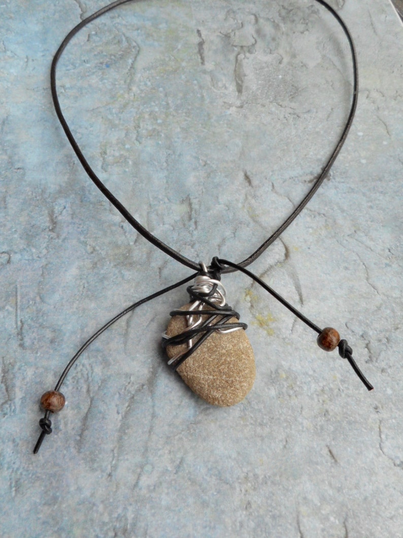 Stone Pendant Necklace Men Fashion Jewelry Brown Leather - Etsy
