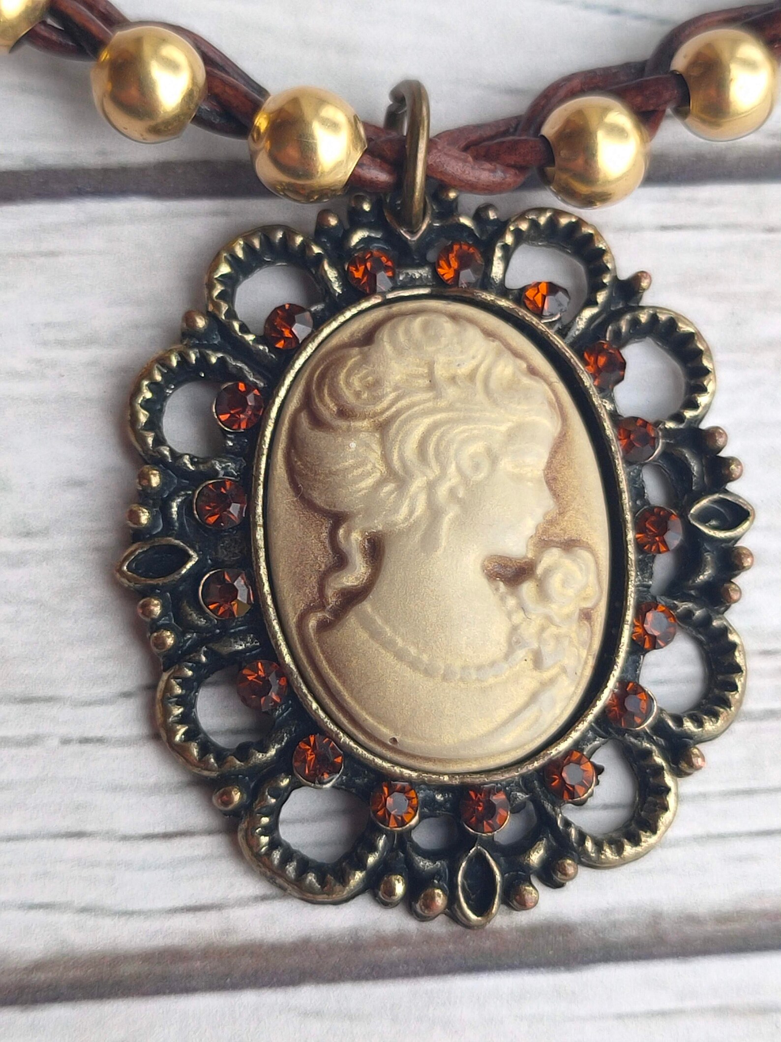 Vintage Cameo Pendant Necklace Brown Leather Strap OOAK Ladies Jewelry ...