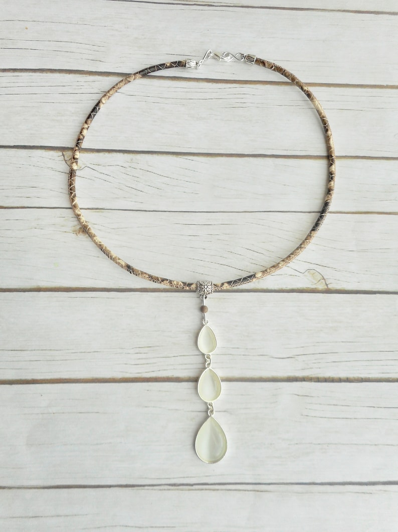 Python Print Leather Choker Necklace Glass Drop Pendant Handmade Ladies ...
