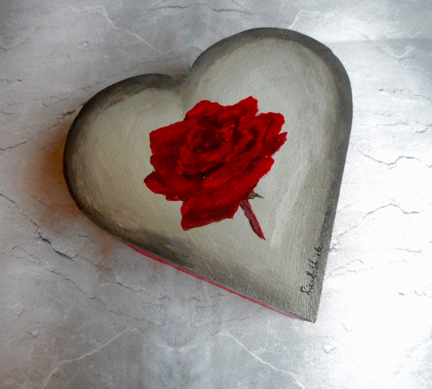 Memories Keepsake Jewelry Gift Box Wood Hand Painted Gray Red Rose ...