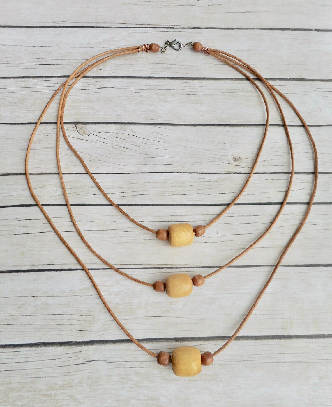 Skin Color Leather Necklace Natural Brown Wooden Beads - Etsy