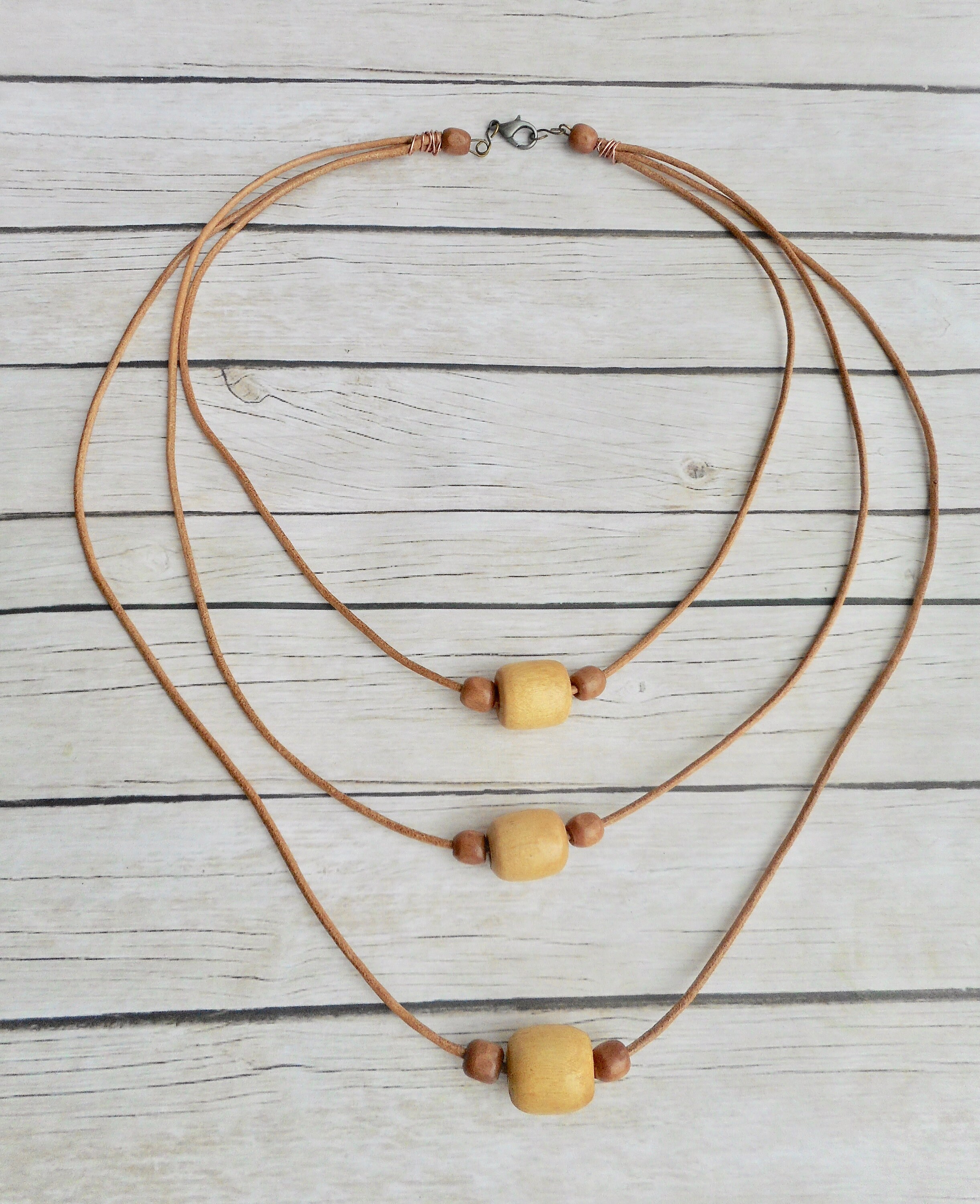 Skin Color Leather Necklace Natural Brown Wooden Beads - Etsy