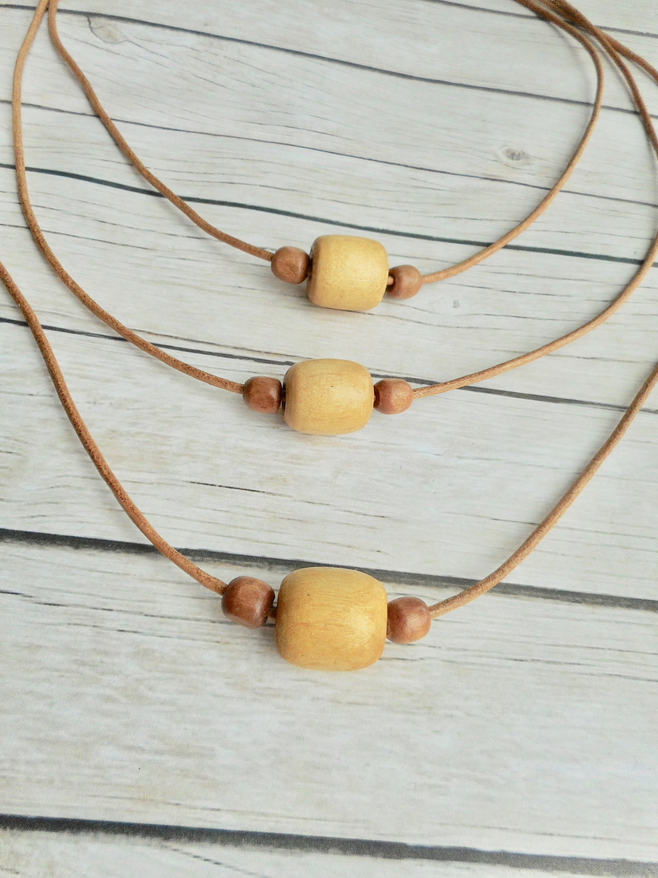 Skin Color Leather Necklace Natural Brown Wooden Beads - Etsy