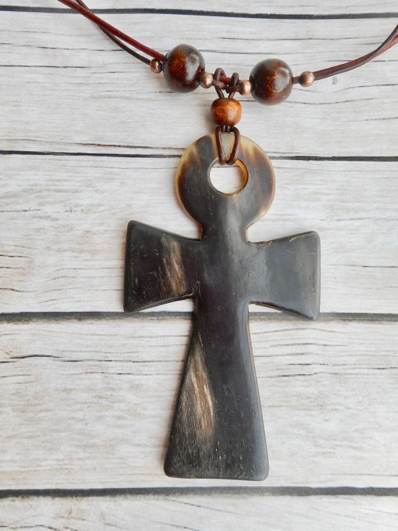 Buffalo Horn Ankh Pendant Brown Leather Necklace Handmade Ladies Mens ...