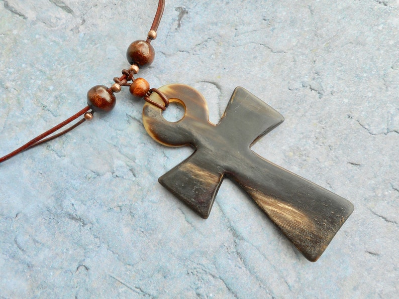 Buffalo Horn Ankh Pendant Brown Leather Necklace Handmade Ladies Mens ...