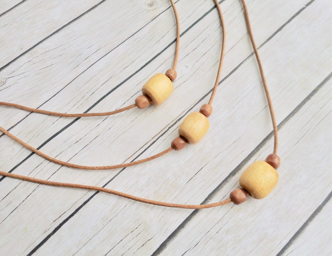 Skin Color Leather Necklace Natural Brown Wooden Beads Necklace ...