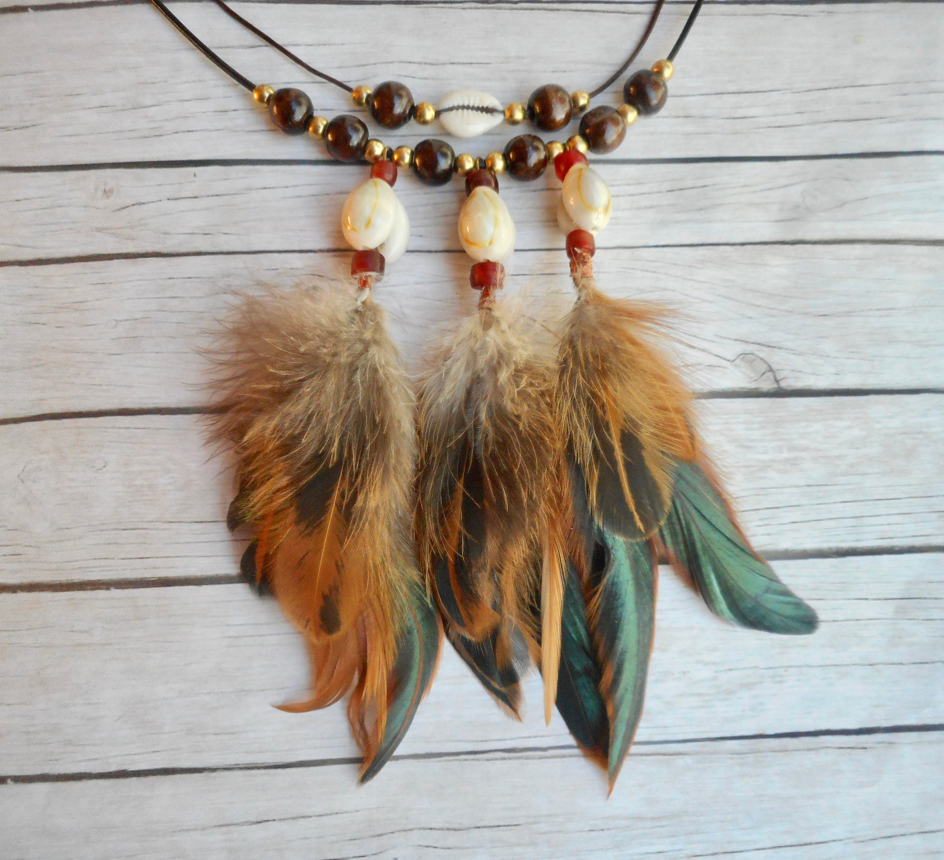 Bird Feathers Pendants Necklace Brown Roosters Feathers Native Inspired ...