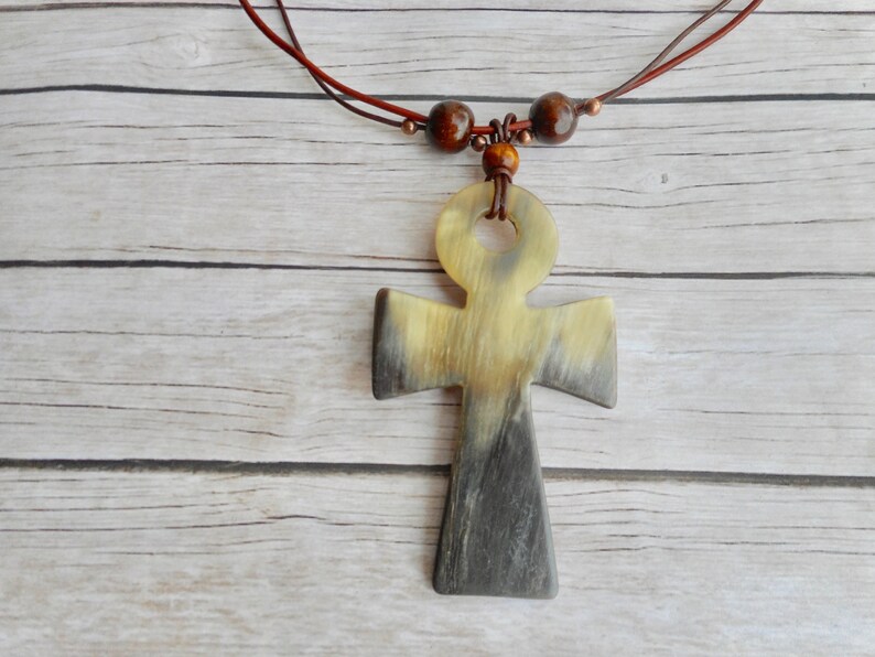Buffalo Horn Ankh Pendant Brown Leather Necklace Handmade Ladies Mens ...