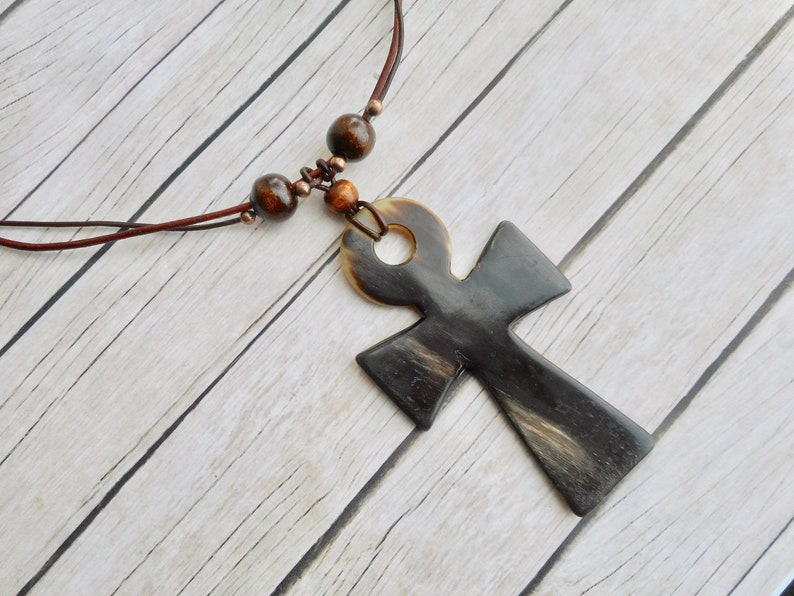 Buffalo Horn Ankh Pendant Brown Leather Necklace Handmade Ladies Mens ...