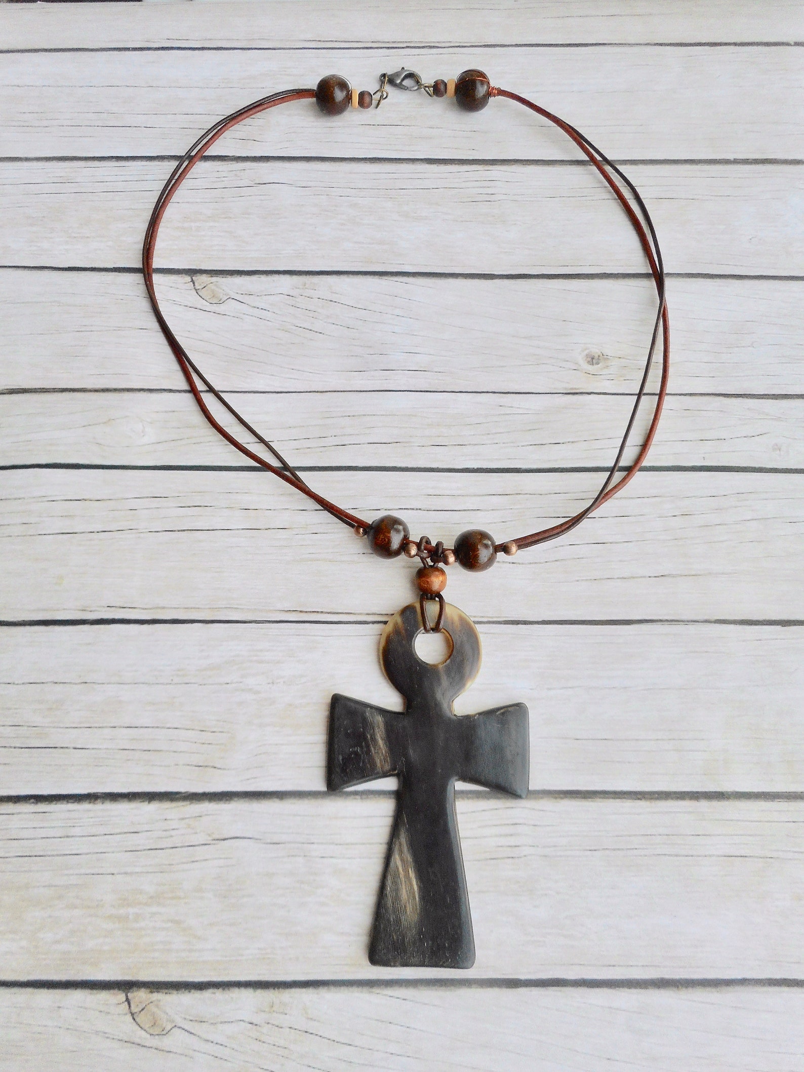 Buffalo Horn Ankh Pendant Brown Leather Necklace Handmade Ladies Mens ...