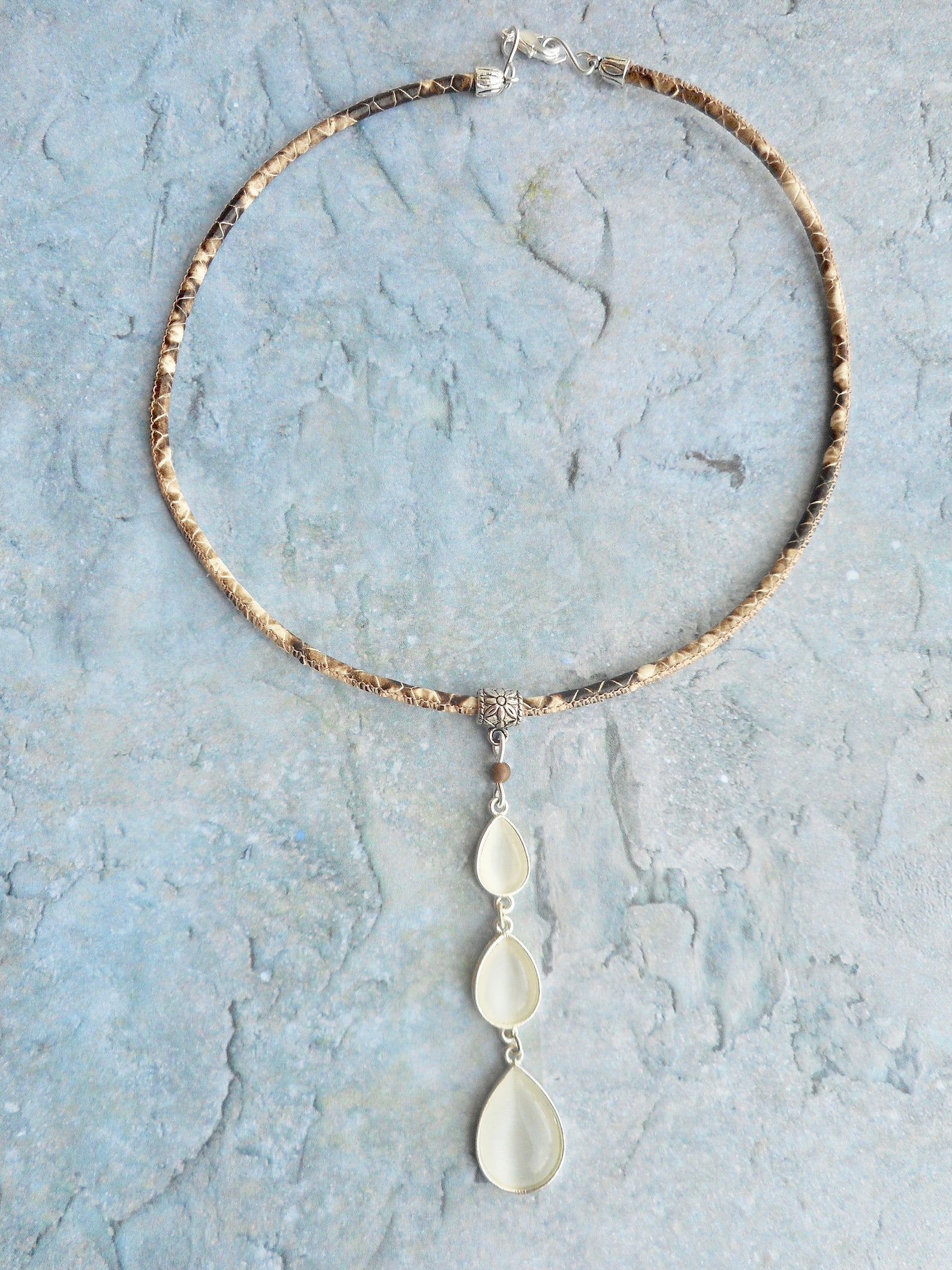 Python Print Leather Choker Necklace Glass Drop Pendant Handmade Ladies ...