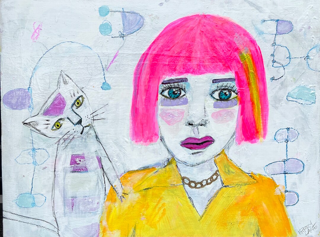 Pink Hair Cat &string Theory Original Painting on Wood - Etsy