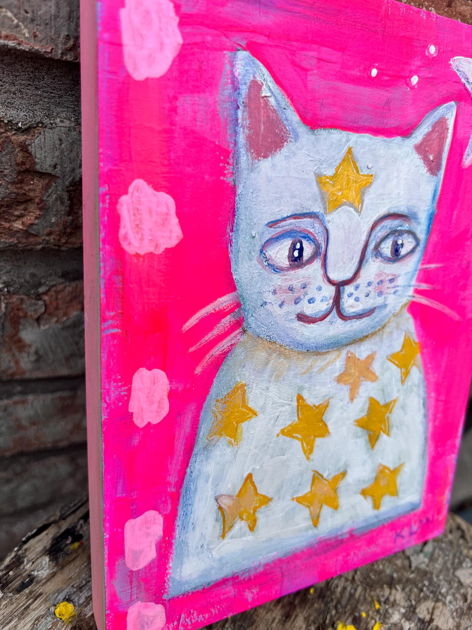 White Cat Moon and Stars Folk Art Cat Original Painting - Etsy