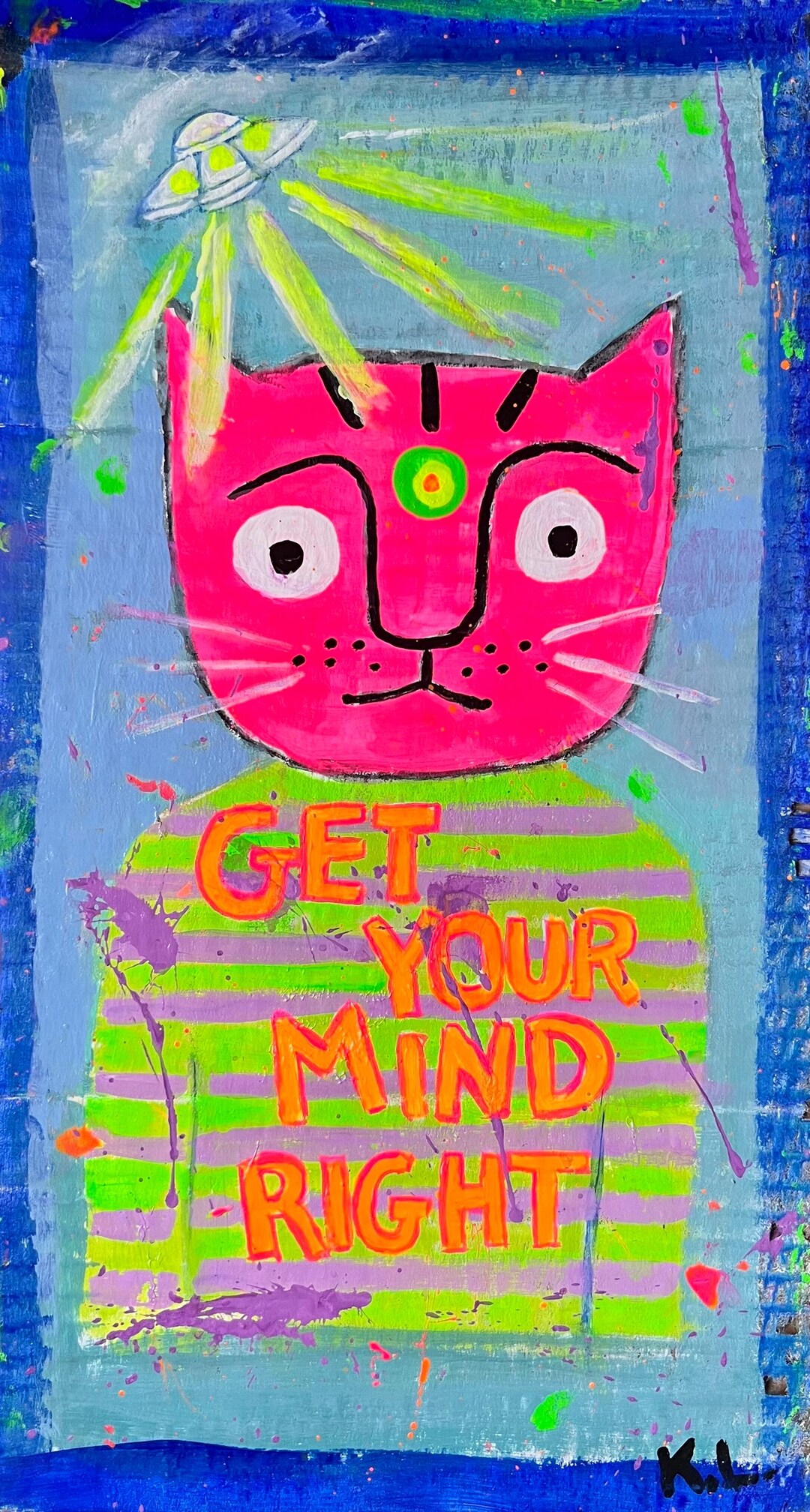 Neon Pink Cat UFO Art Original Painting Mixed Media on Upcycled ...