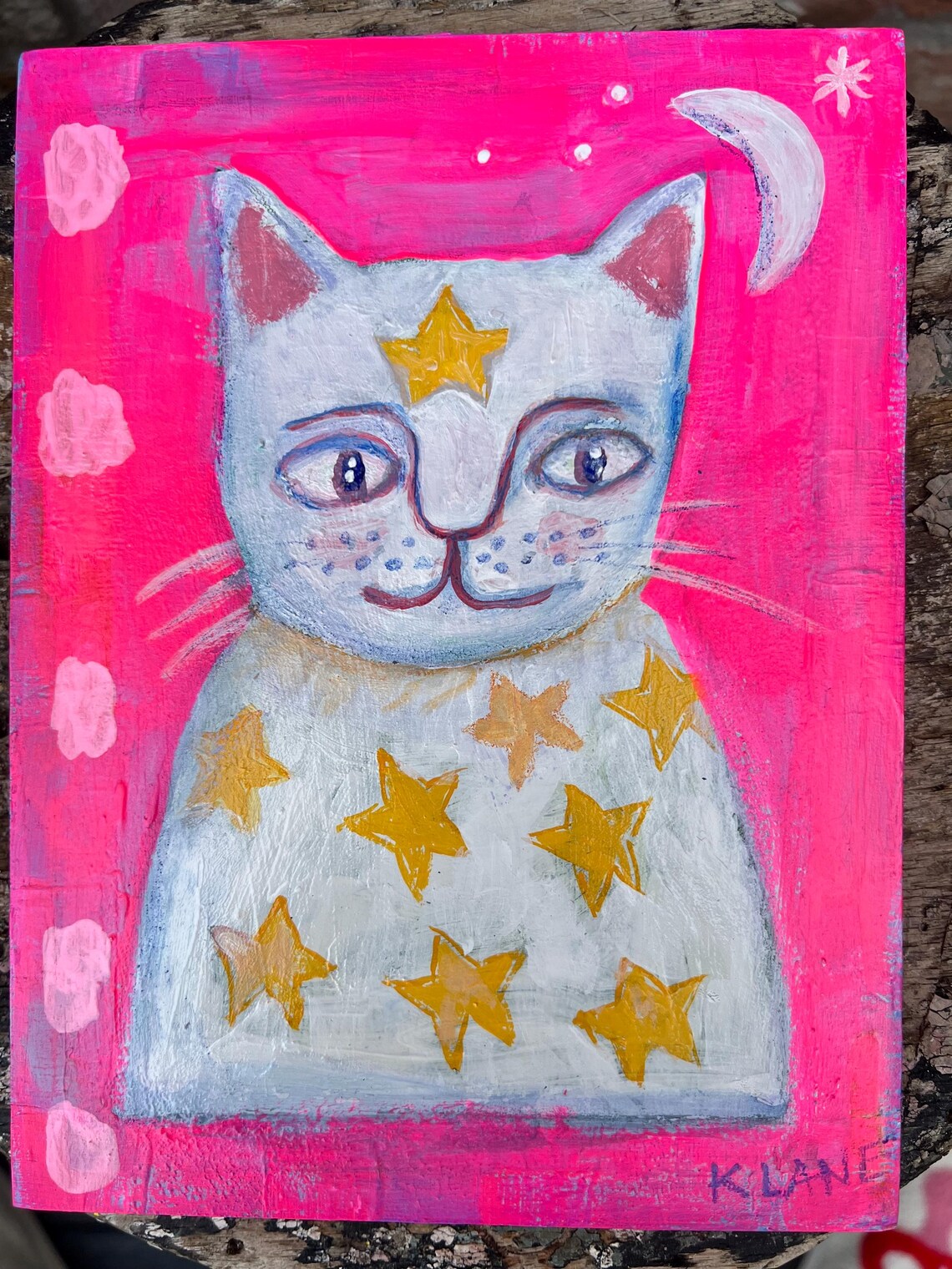 White Cat Moon and Stars Folk Art Cat Original Painting - Etsy