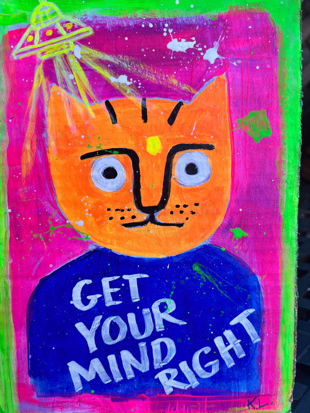 Orange Cat UFO Art Original Painting Mixed Media on Upcycled Cardboard ...