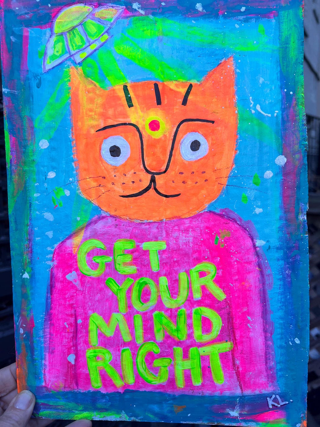 Orange Cat UFO Art Original Painting Mixed Media on Upcycled Cardboard ...