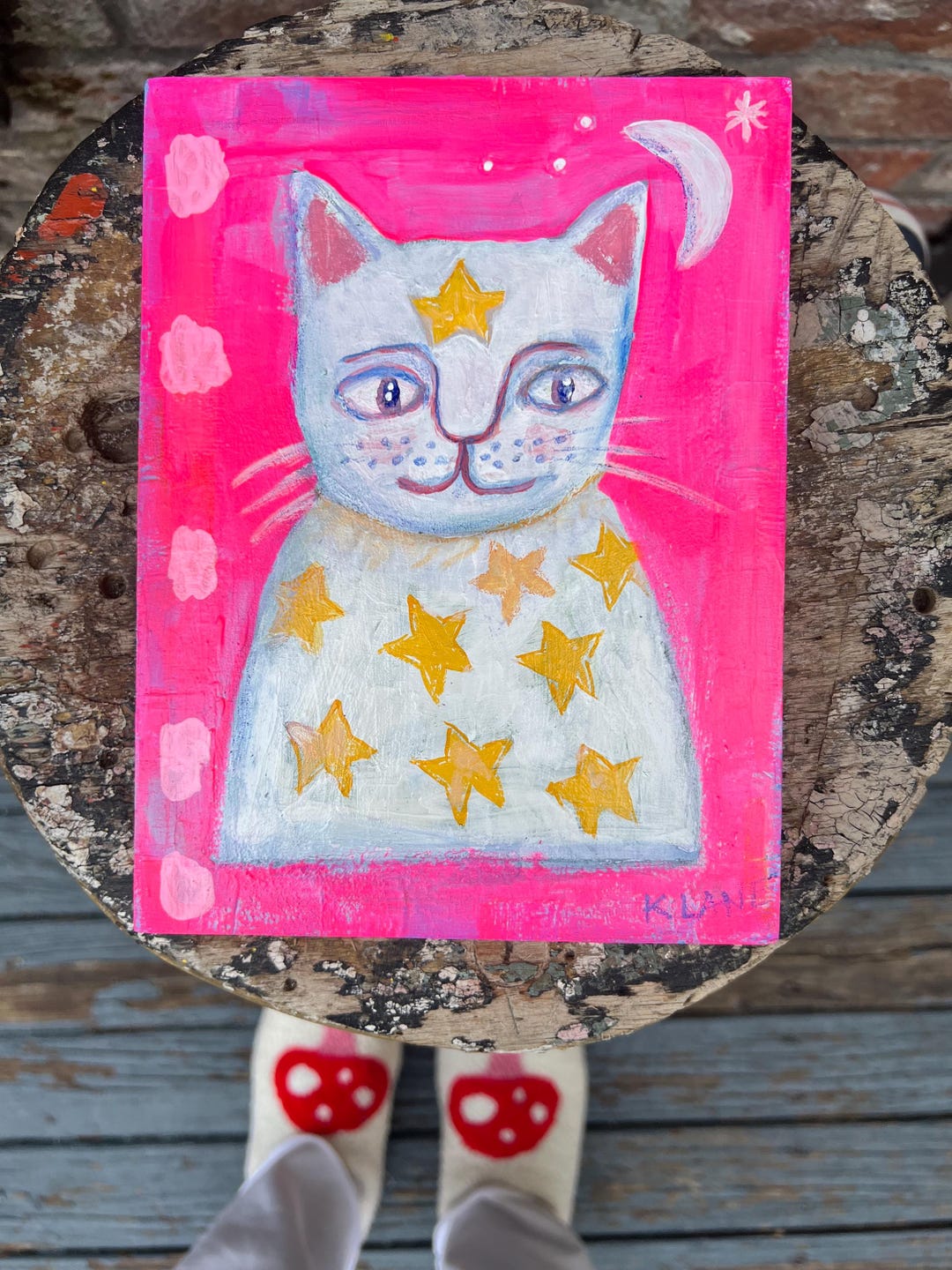White Cat Moon and Stars Folk Art Cat Original Painting - Etsy