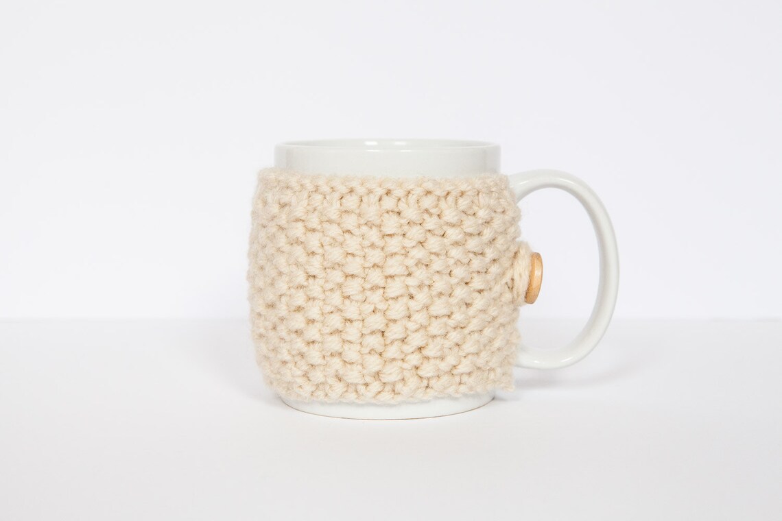 A Knitted Mug Cosy, Cup Cosy, Mug Cosies, Coffee Cosy in Cream / Beige ...